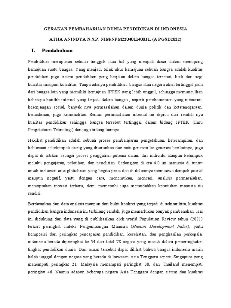 Essay - Pendidikan Di Indonesia - Atha Anindya - Uts | PDF