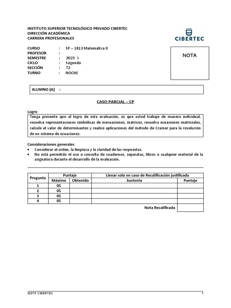 Noche - SP 1813 - Matemática II - TXXX - 00 - CP1 - Nombre | PDF