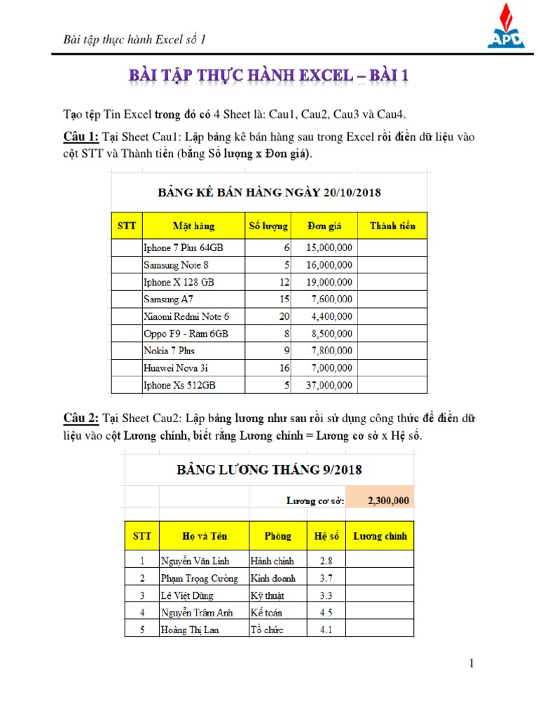 Bai 1 - Excel | PDF