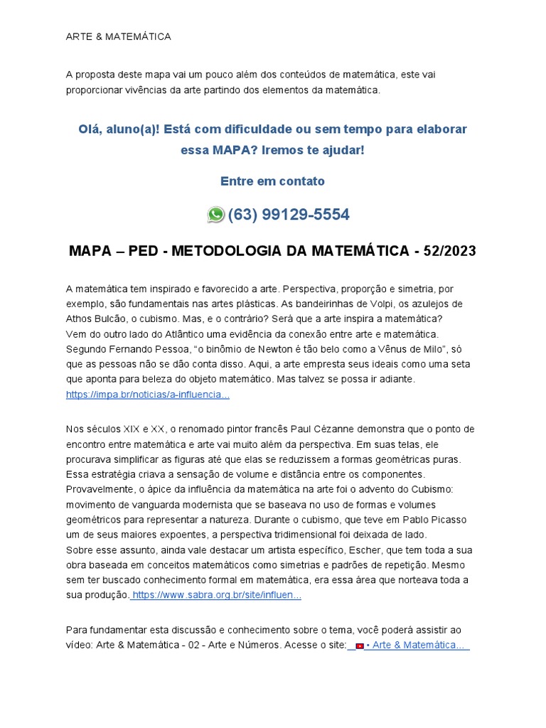 ARTE & MATEMÁTICA A proposta deste mapa vai um pouco além dos conteúdos ...