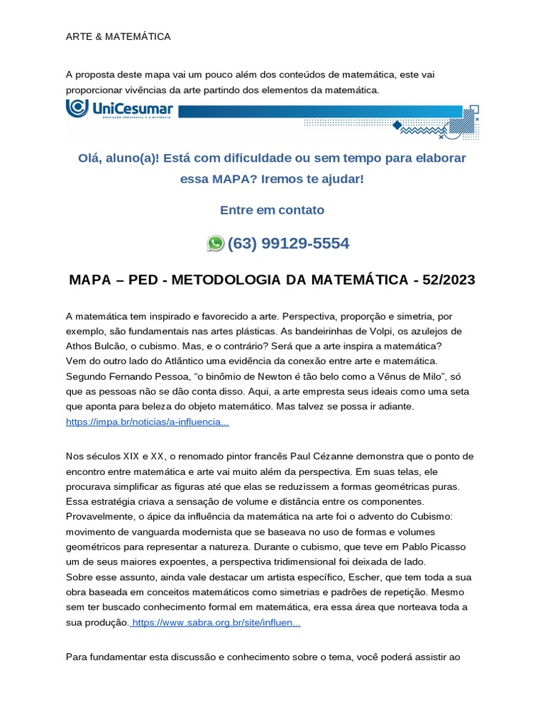 ARTE & MATEMÁTICA A proposta deste mapa vai um pouco além dos conteúdos ...