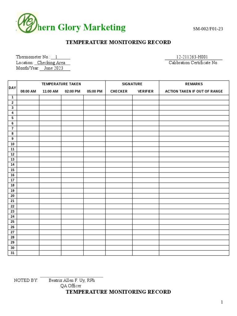 Temperature Monitoring Record Form Pdf