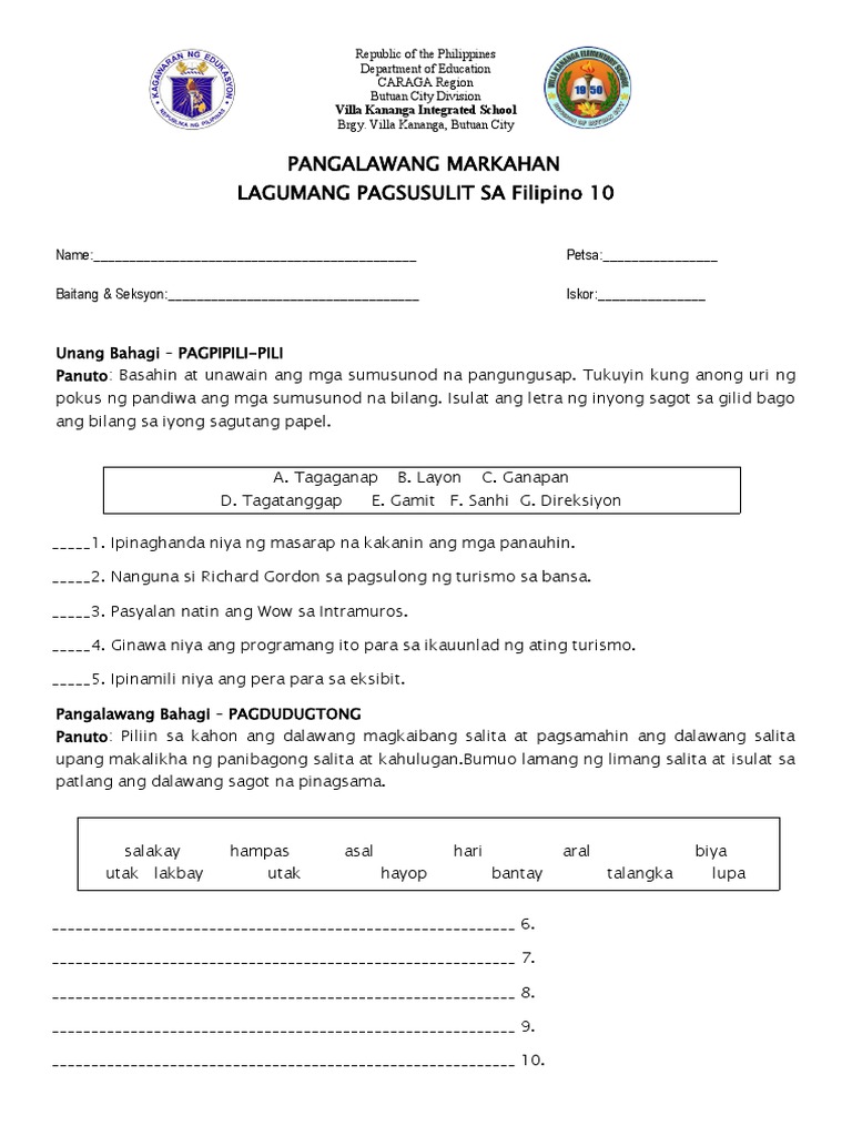 FILIPINO 10 Exam 2nd | PDF