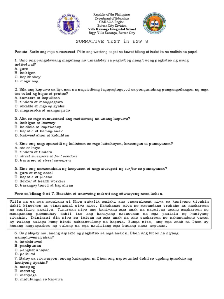 2nd Quarter Summative Test ESP8 | PDF