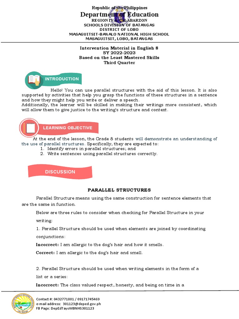 Intervention Material in English 8 for Parallel Structures | PDF | Cognition | Language Mechanics