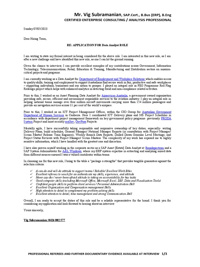 Vig Subramanian CoverLetter and CV - 2023-1 | PDF | Chief Information Officer | Data Analysis