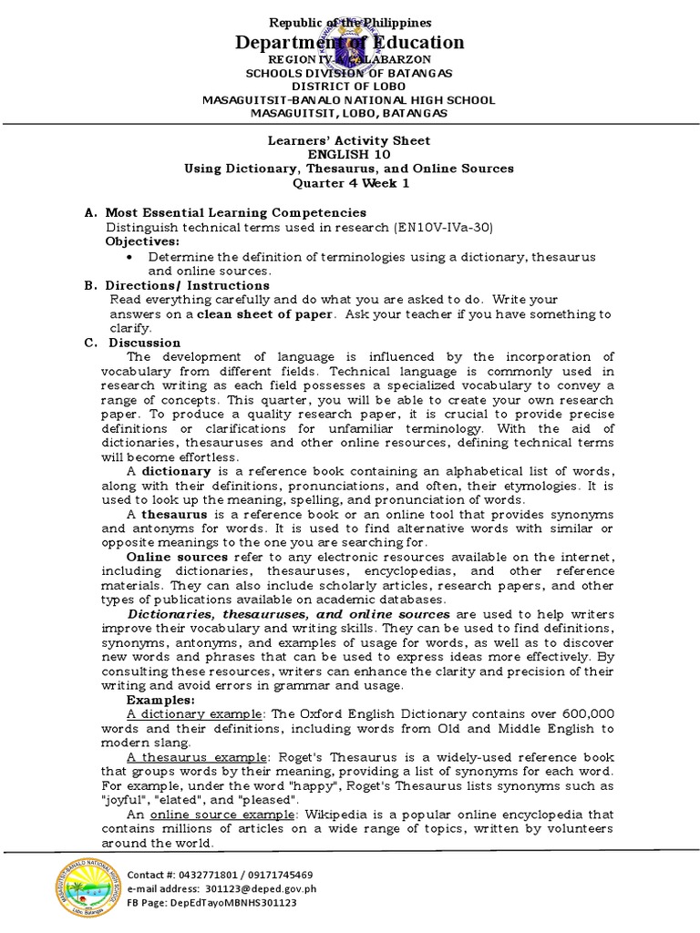 Learning Activity Sheet in English 10 - 4th Quarter - WEEK 1 - MDL For Printing2 | PDF ...
