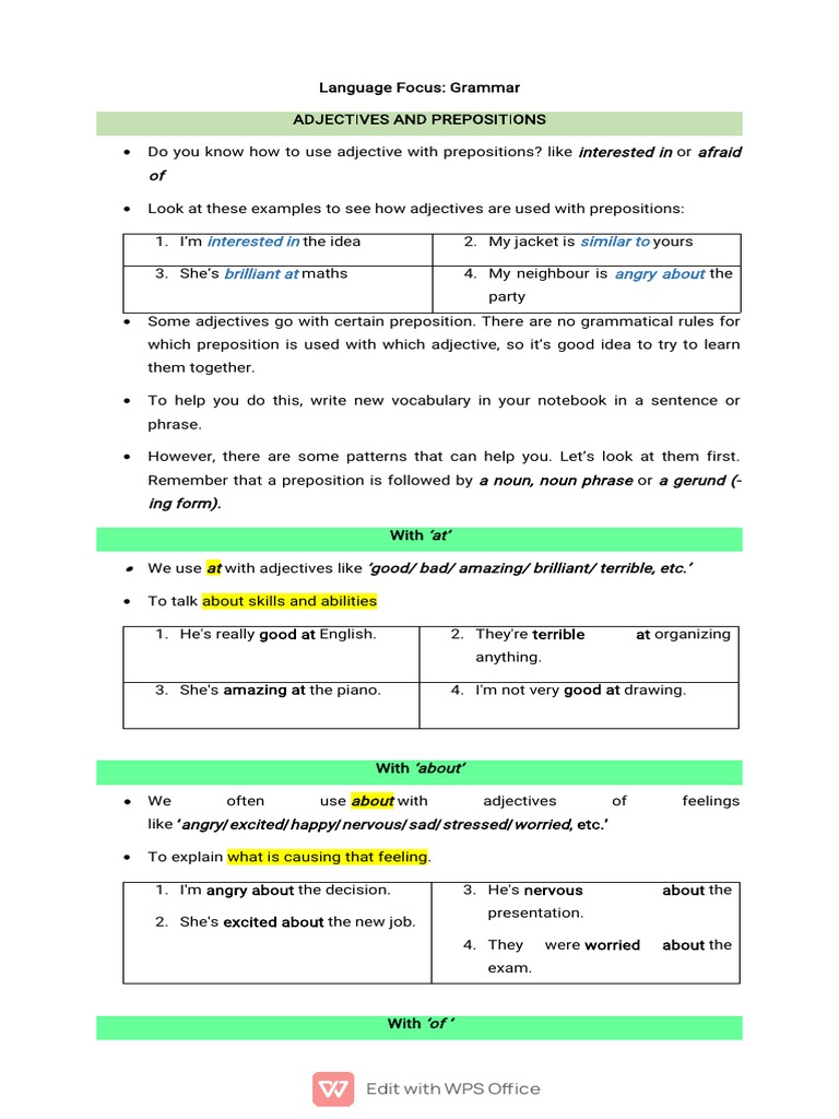 Adject&Prep materiXII PDF | PDF | Adjective | Preposition And Postposition