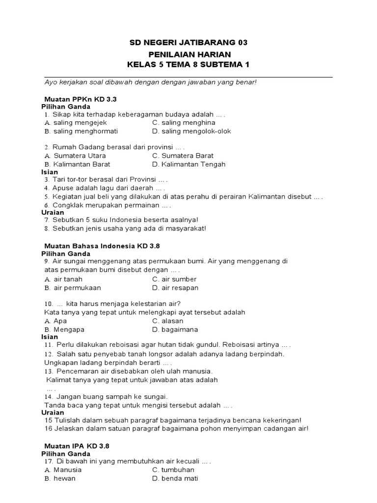 Soal Penilaian Harian Kelas 5 Tema 8 Subtema 1 | PDF | Kajian Bahasa Asing