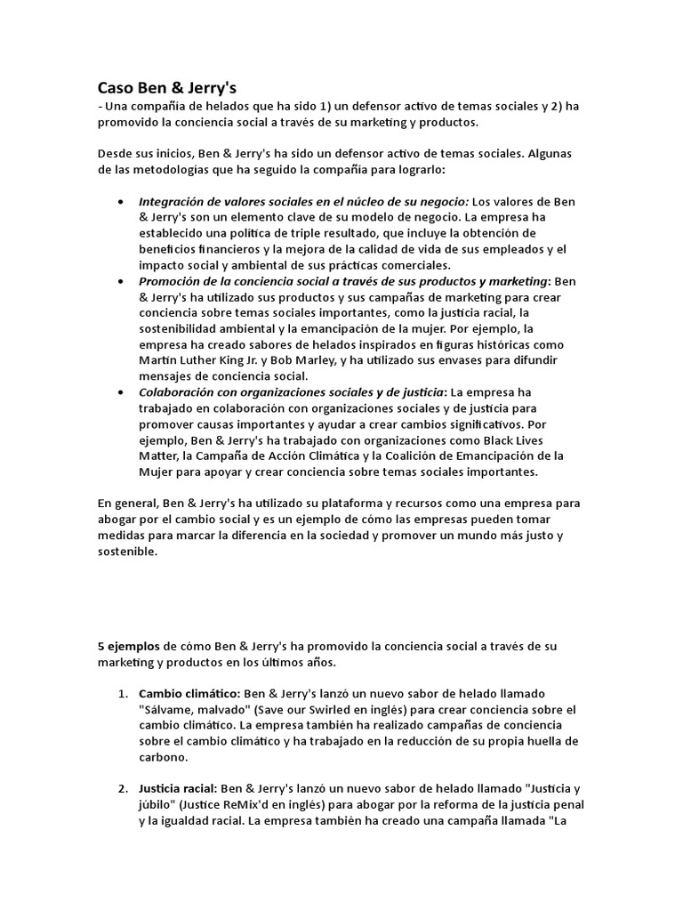 T01 - Caso Ben&Jerrys | PDF | Marketing | Sustentabilidad