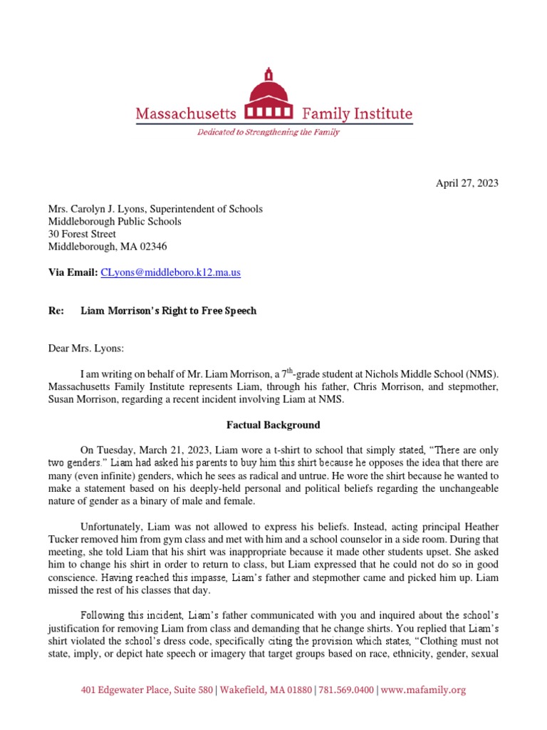 Letter From Liam Morrison's Attorney To The Middleboro Superintendent ...