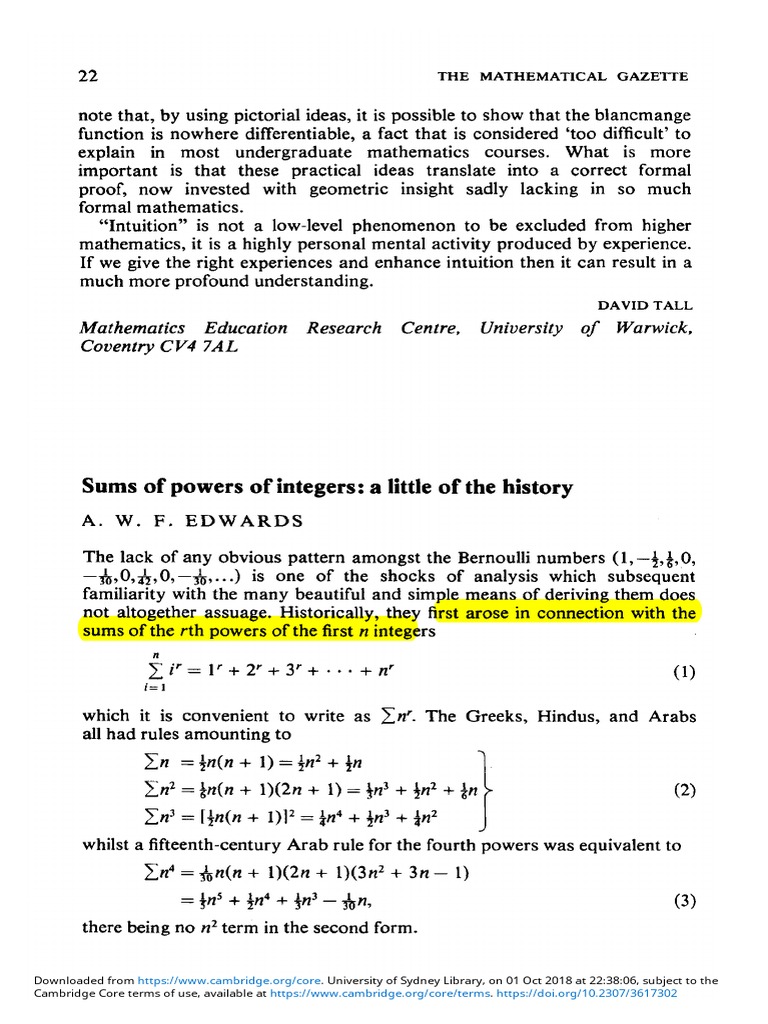 Sums of Powers of Integers A Little of The History | PDF | Matrix ...