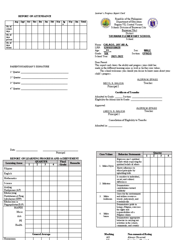 ELEMENTARY LEVEL - Learners Progress Report Card | PDF