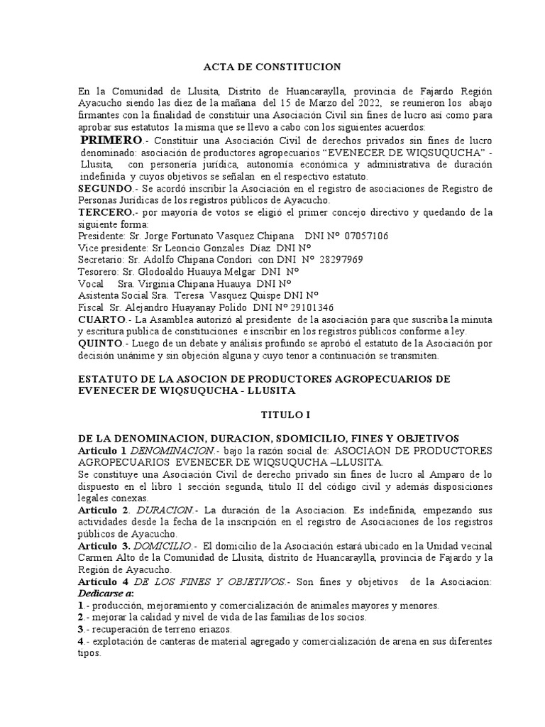 Acta de Constitucion | PDF | Regulación | Trabajo Social