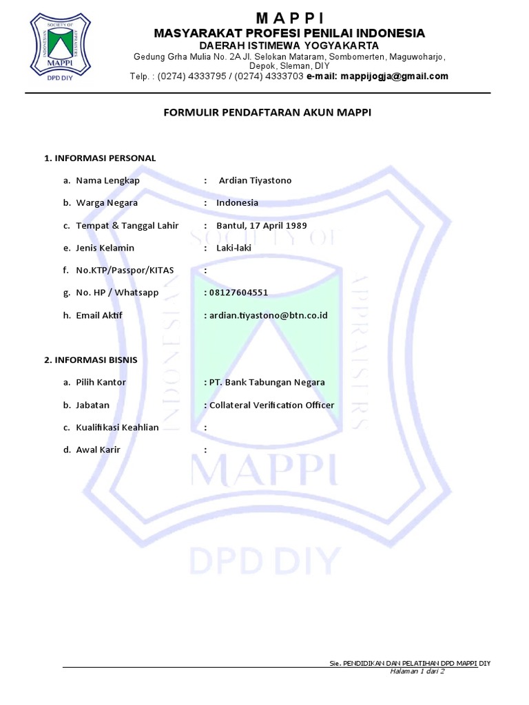 Formulir Pendaftaran Akun MAPPI Ardian | PDF