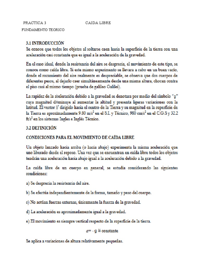 informe de caida libre | PDF | Gravedad | Dinámica (Mecánica)