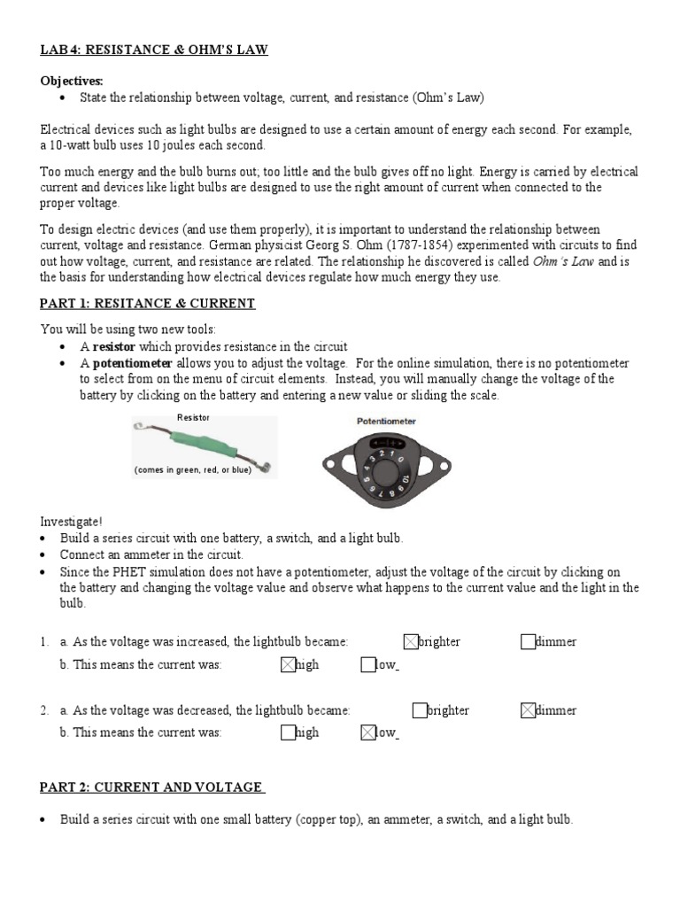 Lab 4 - Restistance & Ohm's Law - PHET-1 | PDF | Electrical Resistance ...