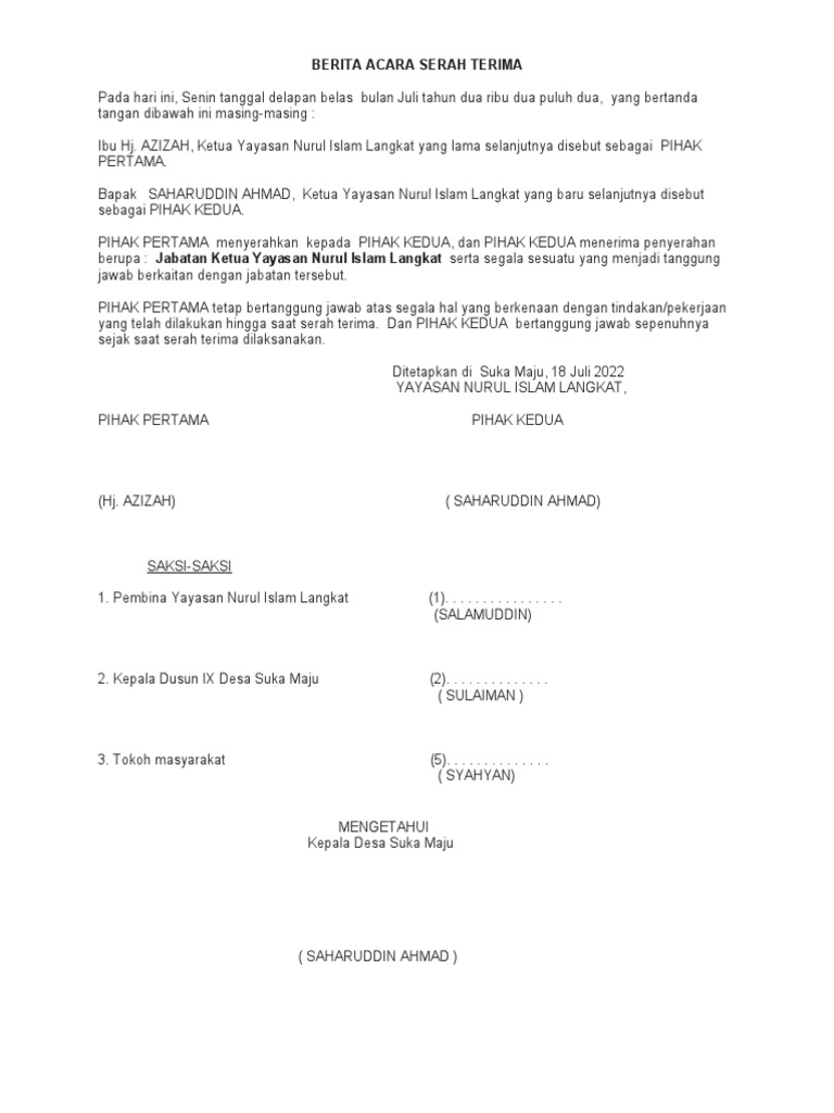 Contoh Berita Acara Serah Terima Jabatan Ketua Yayasan Masjid | PDF