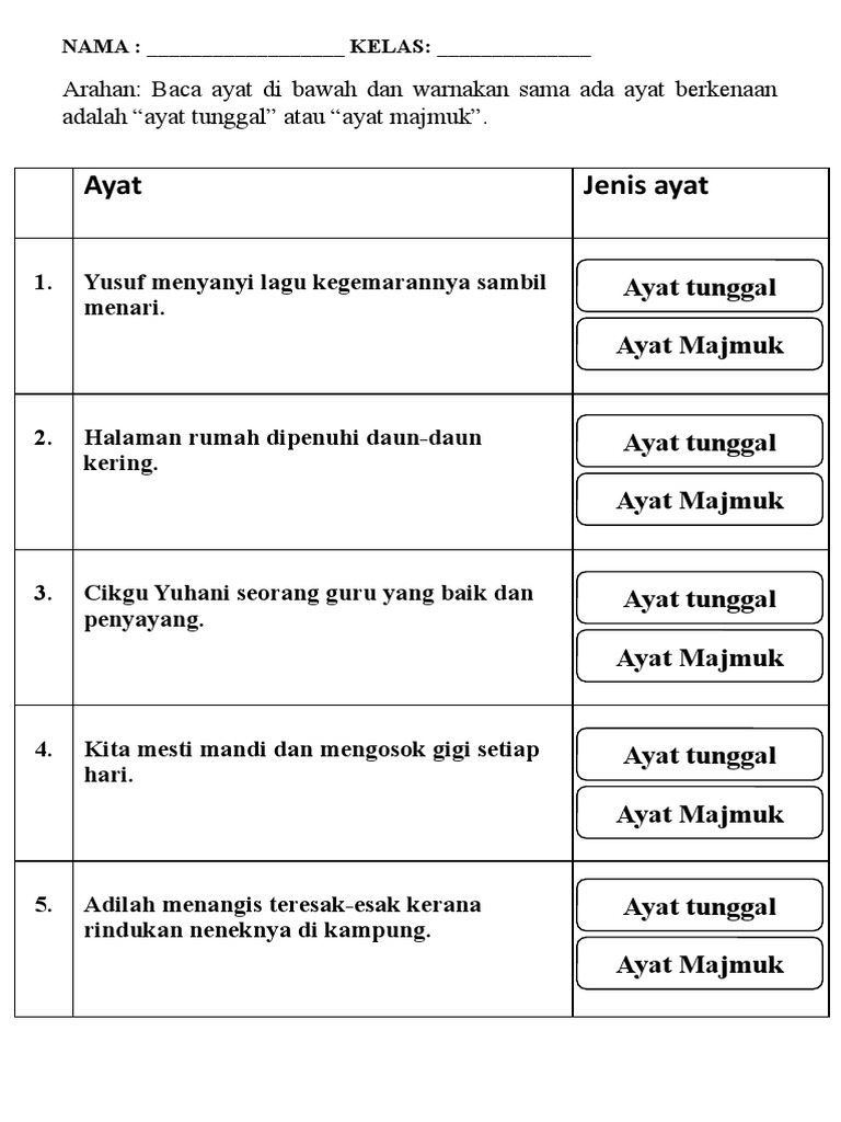 Latihan Ayat Tunggal Dan Ayat Majmuk Pdf