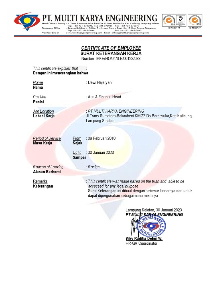 Sertifikat Kerja Dewi Hajaryani | PDF