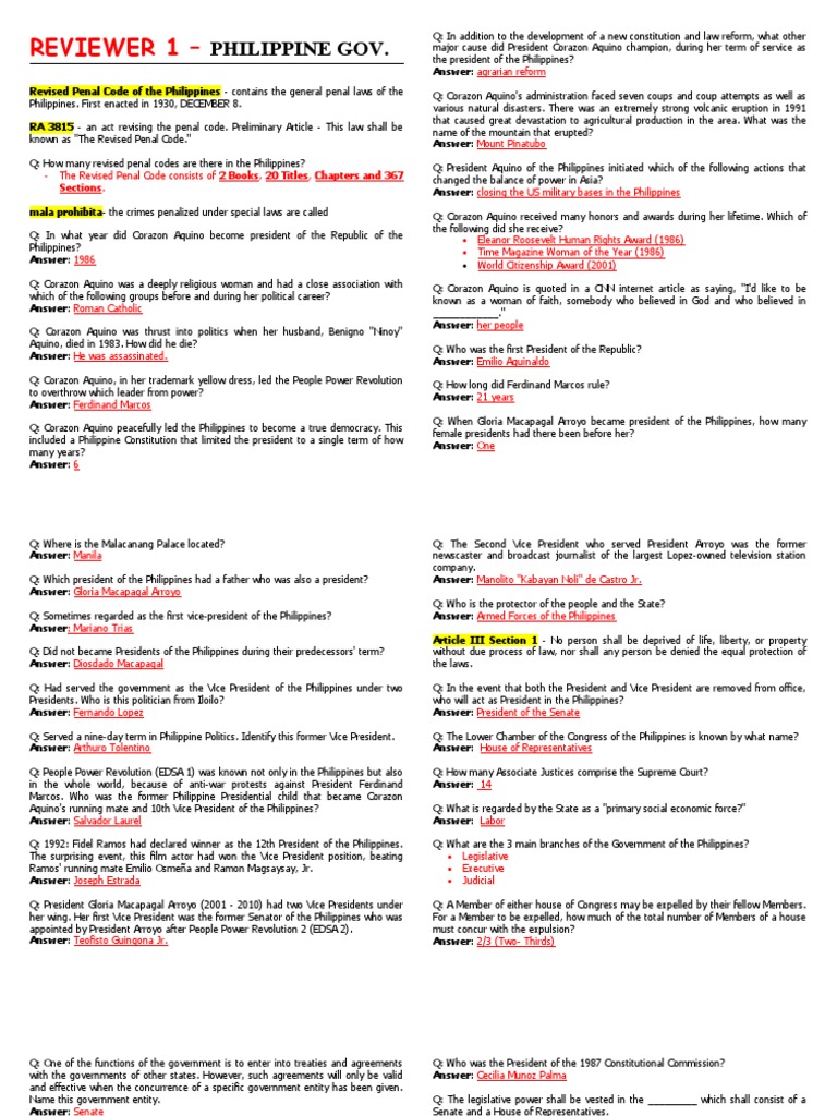 Reviewer 1 - Philgov | PDF | President Of The Philippines | World Politics