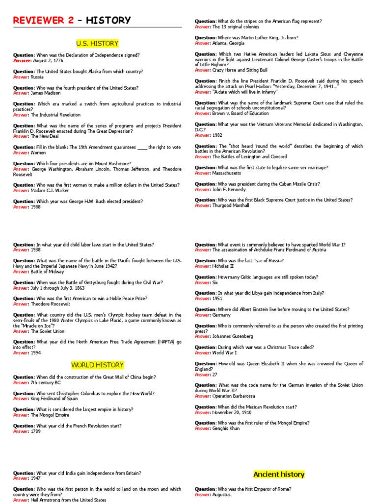 U.S. and World History Review Questions | PDF