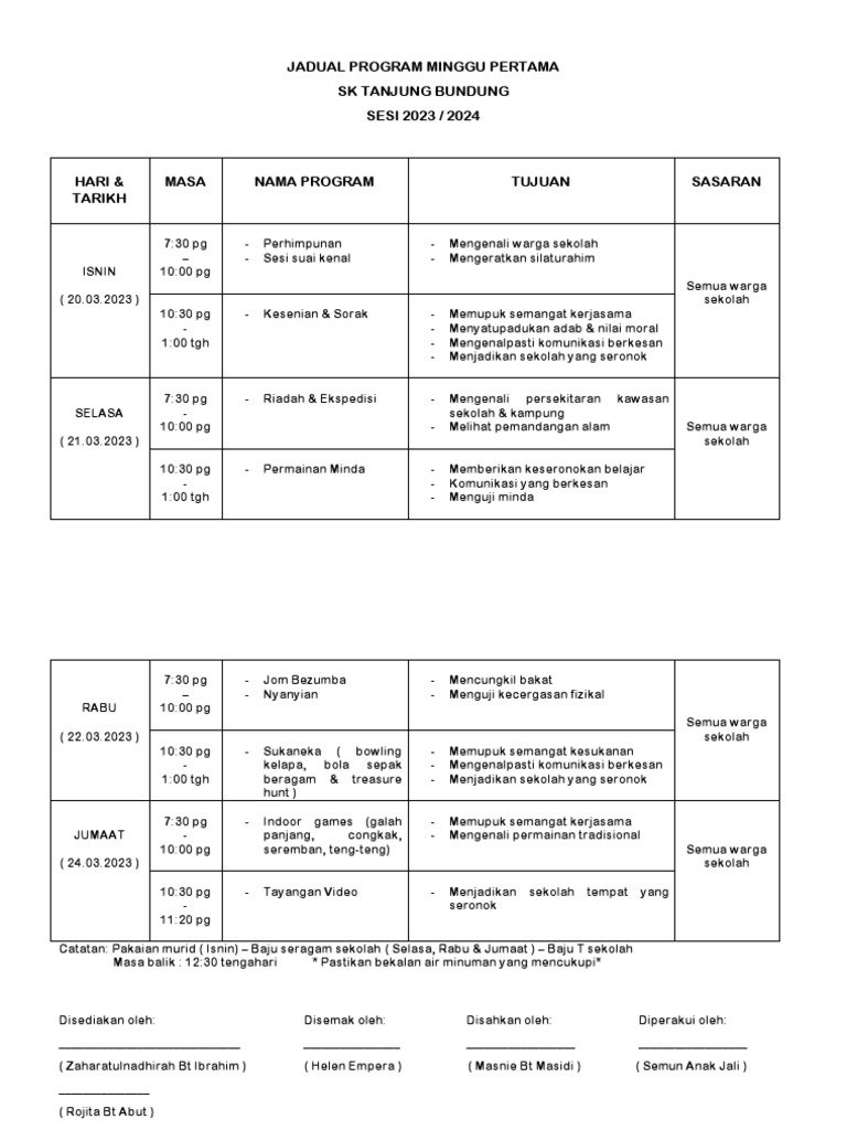 Jadual Program Minggu Pertama | PDF
