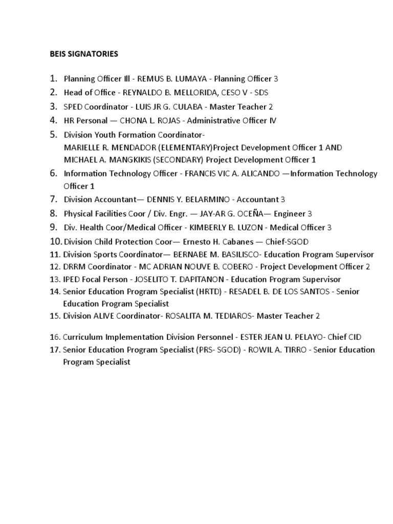 BEIS Signatories and Their Roles | PDF