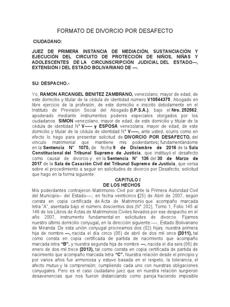 Formato de Divorcio Por Desafecto Con Hijos Simon | PDF | Divorcio | Matrimonio