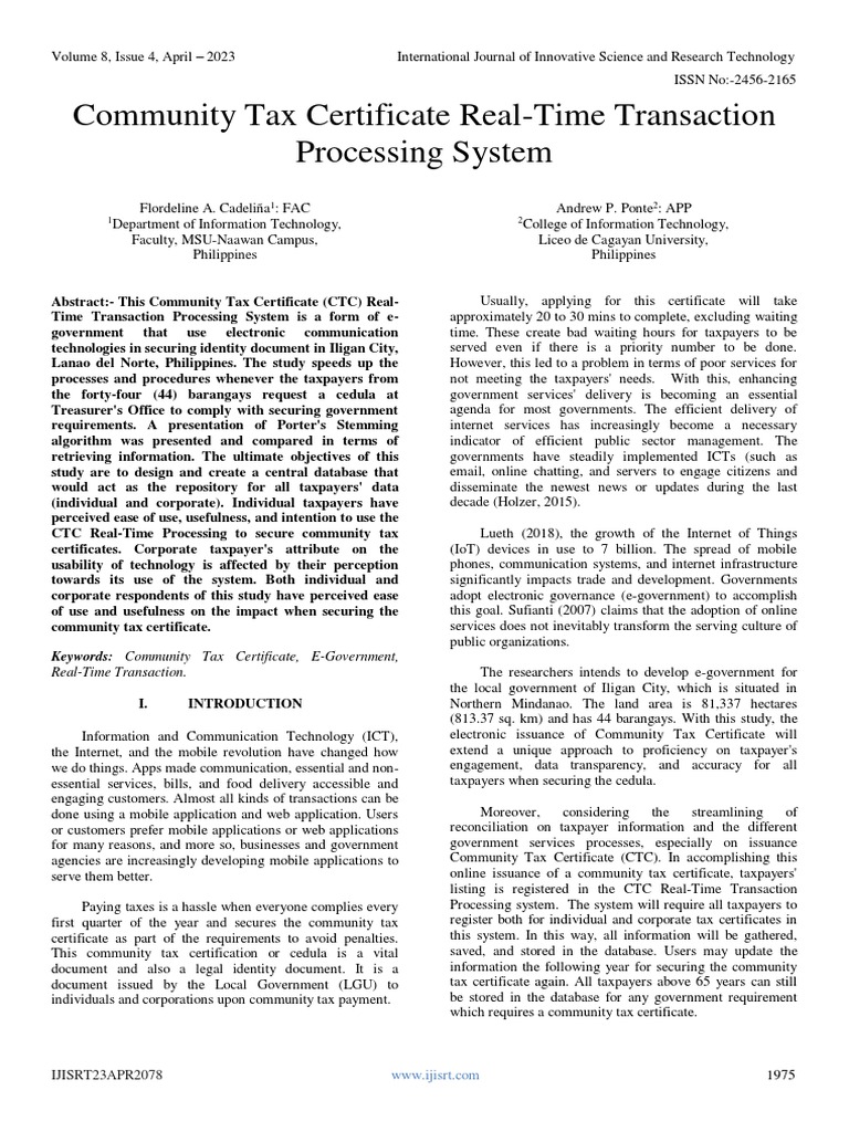 Community Tax Certificate Real-Time Transaction Processing System | PDF ...