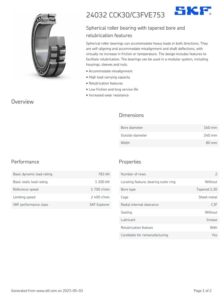 SKF 24032 CCK30 - C3FVE753 Specification PDF | PDF | License | Bearing ...