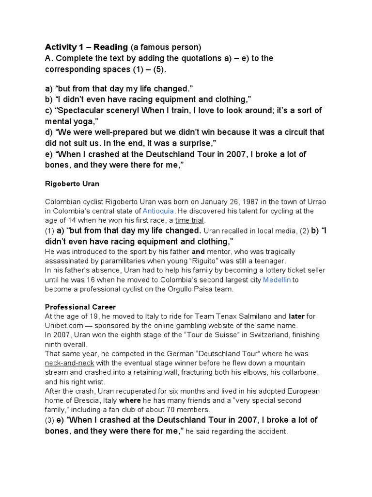 Activity 1 - Reading (A Famous Person) | PDF | Cycle Sport | Grand Tour ...
