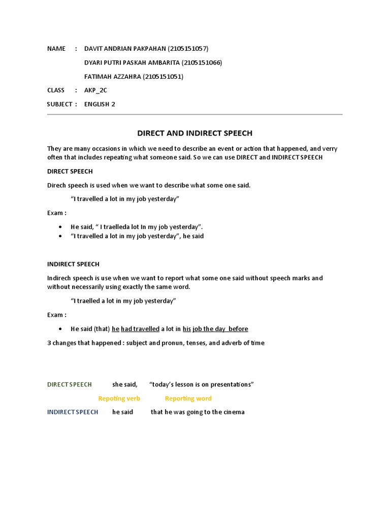 Direct and and Indirect Speech Team Work | PDF | Grammatical Tense ...