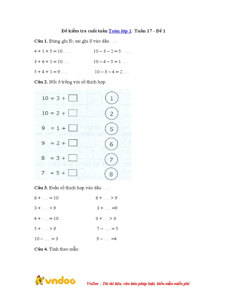 De Kiem Tra Cuoi Tuan Toan Lop 1 Tuan 17 de 1 | PDF