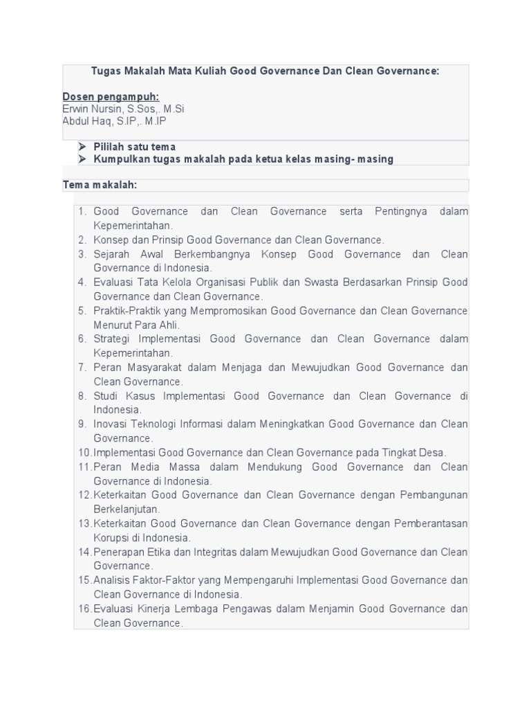 Choosing a Topic for a Paper on Good Governance and Clean Governance | PDF