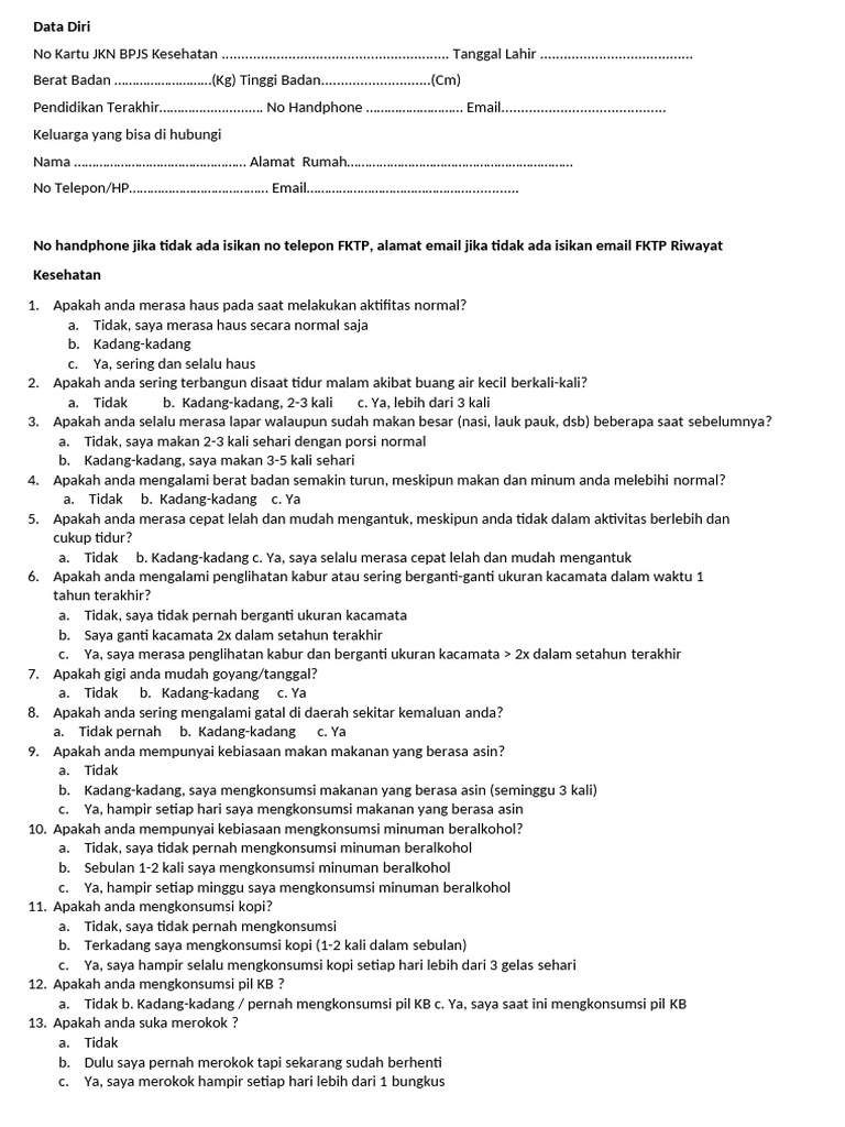 Form Skrining Riwayat Kesehatan - BPJS 2021 | PDF