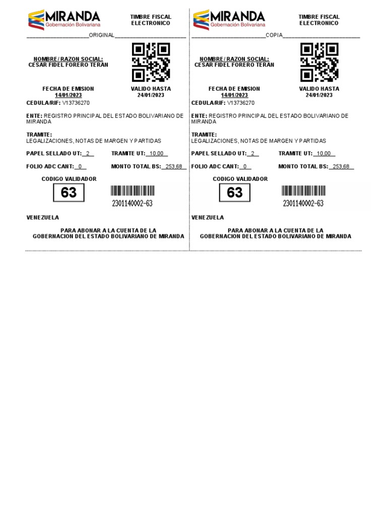 Timbre Fiscal Miranda | PDF