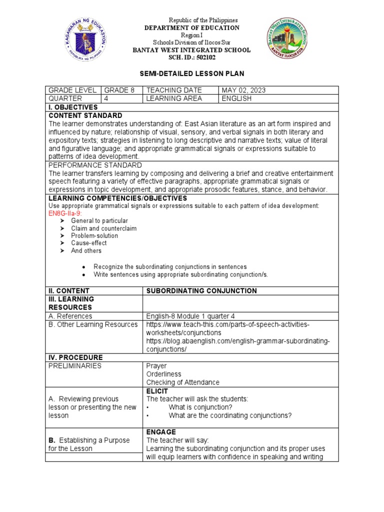 Mastering Subordinating Conjunctions: A Detailed Lesson Plan on ...