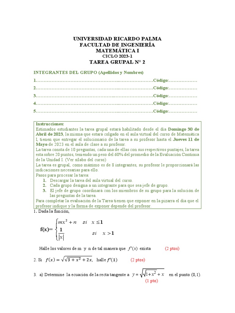 TAREA GRUPAL 2 Matemática I, 2023-1 F | PDF | Geometría algebraica | Matemática Elemental