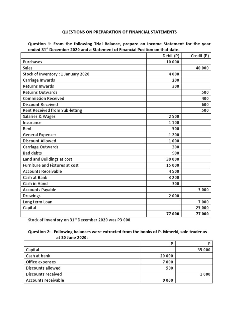 Questions On Preparation of Financial Statements 1-4 | PDF | Debits And ...