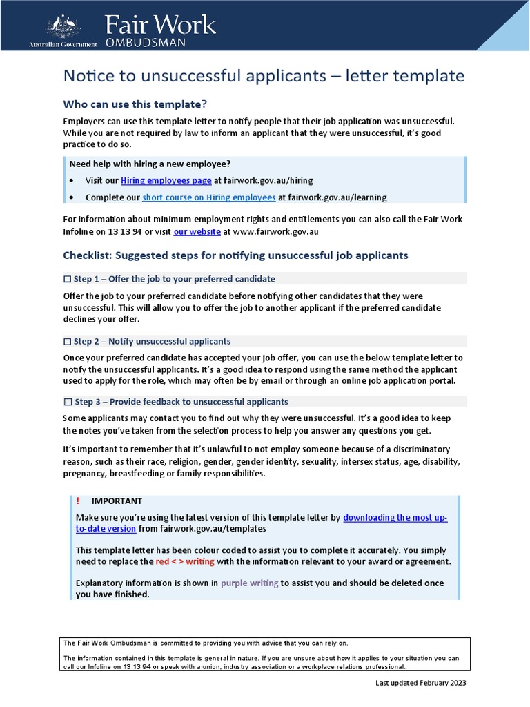 Unsuccessful Job Application Notification Template | PDF | Employment ...