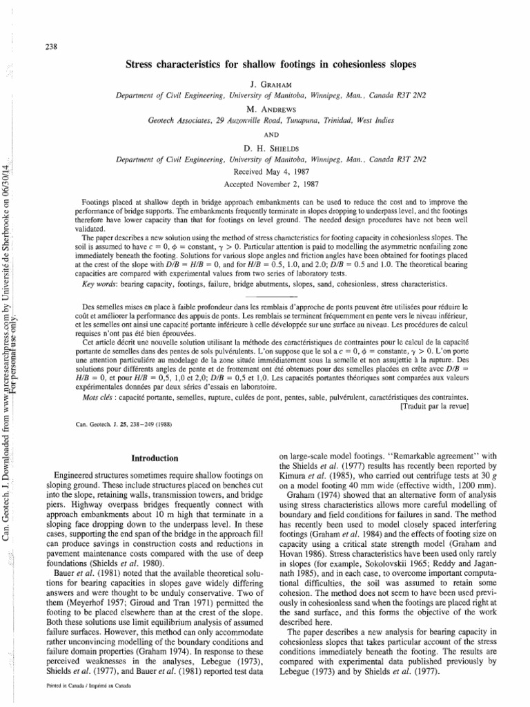 Stress Characteristics For Shallow Footing In Cohesionless Slopes