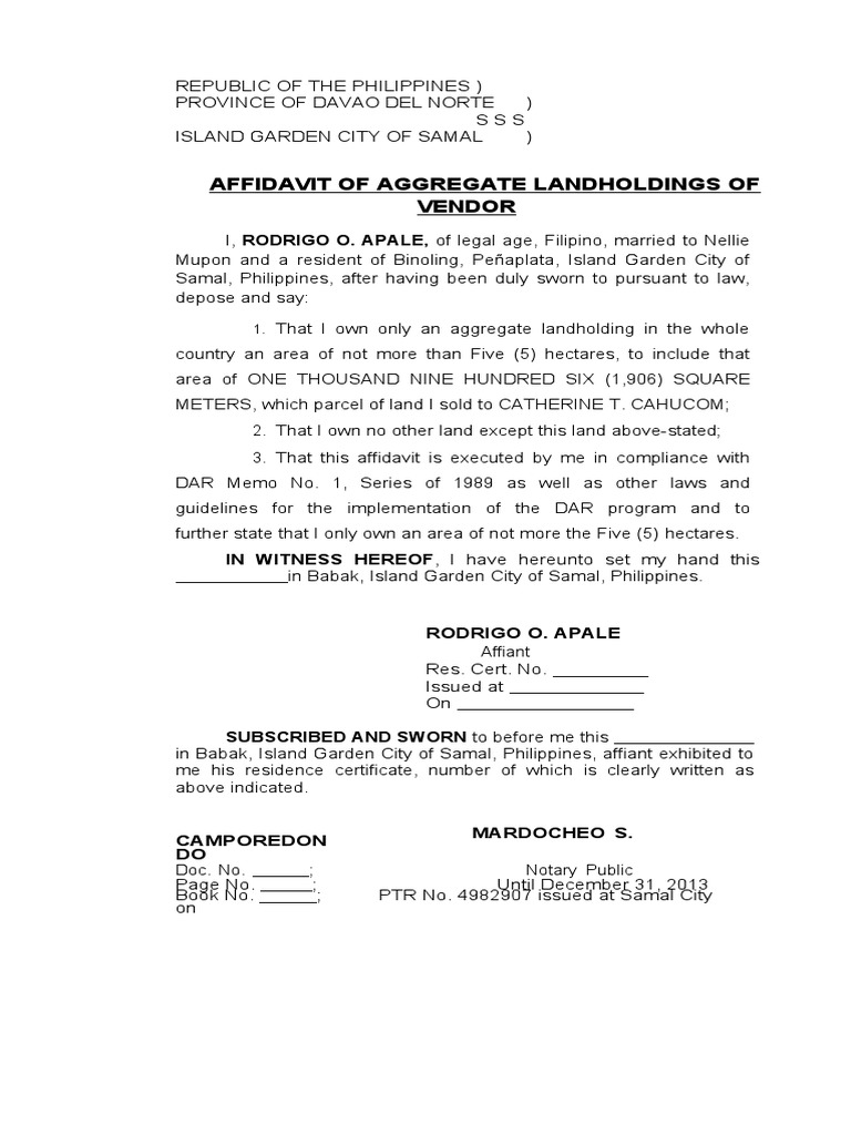 Affidavit of Aggregate Landholdings of Vendor | PDF