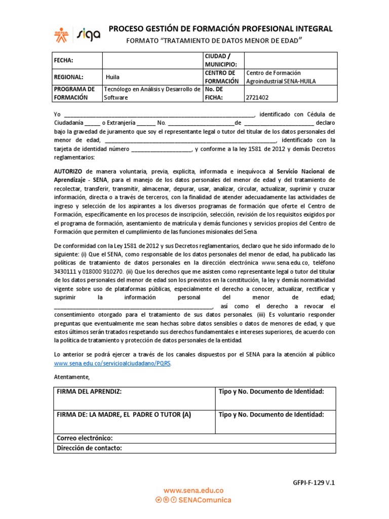 GFPI-F-129 Formato Tratamiento de Datos Menor de Edad | PDF