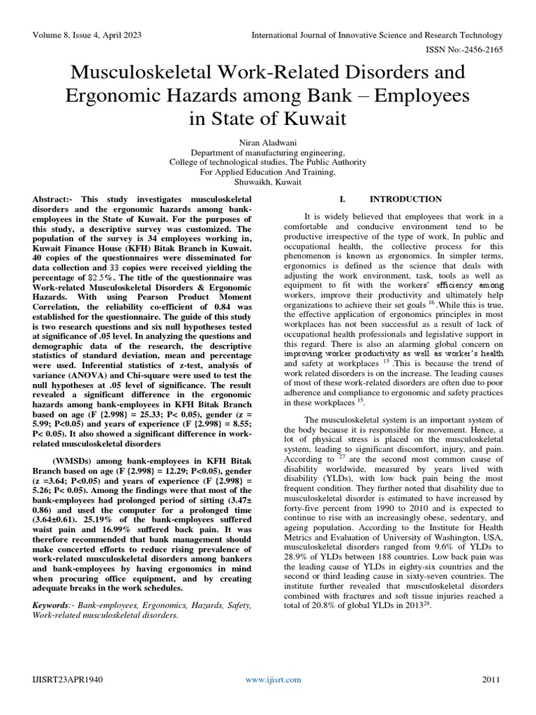 Musculoskeletal Work-Related Disorders and Ergonomic Hazards Among Bank ...