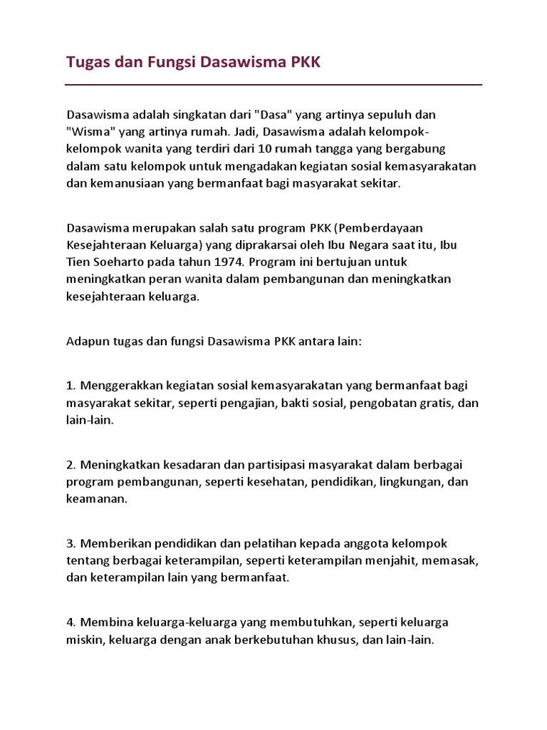 Tugas Dan Fungsi Dasawisma PKK | PDF