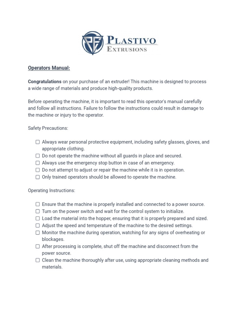 Operators Manual (Extruder) PDF | PDF | Extrusion | Mechanical Engineering