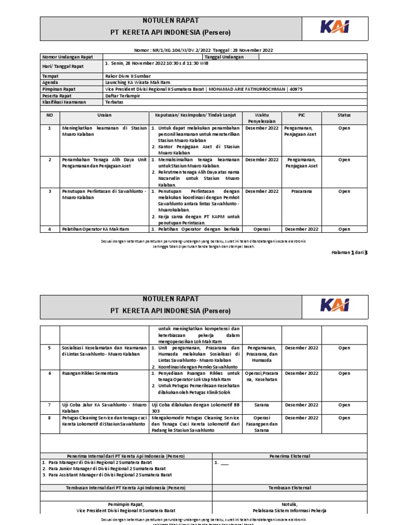 Notulen Launching KA Wisata Mak Itam - Divre II | PDF