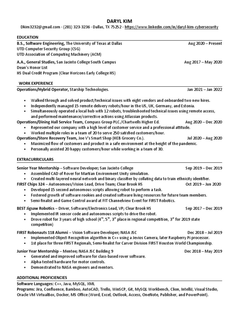 Daryl Kim Tech Resume | PDF | Computing | Computer Science