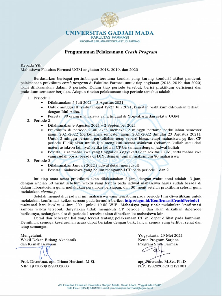Jadwal Crash Program Farmasi UGM | PDF